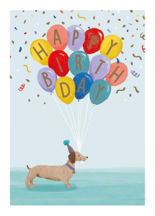 Sausage Dog With Balloons | Charity birthday Card